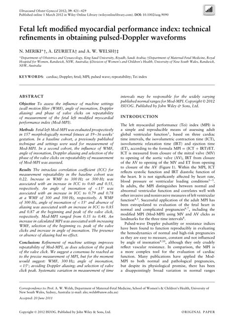 Pdf Fetal Left Modified Myocardial Performance Index Technical Refinements In Obtaining
