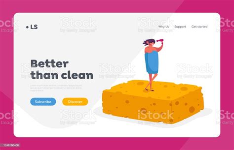 욕실 방문 페이지 템플릿에서 여자입니다 거대한 세탁 스폰지에 목욕 스탠드 후 수건 건조 머리에 싸여 작은 여성 캐릭터 스파 위생 절차 바디 케어 만화 벡터 일러스트레이션