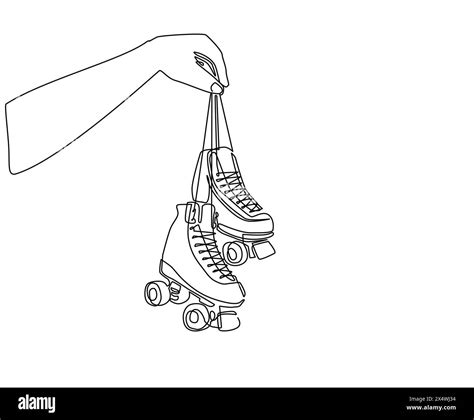 Single One Line Drawing Player Hand Holds Roller Skate Man Hand