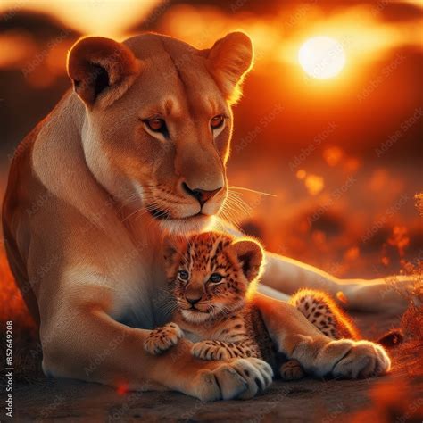 A Heartwarming Scene Of A Lioness Tenderly Embracing Her Cub During A