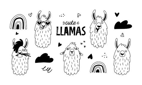 손으로 그린 스타일로 글자를 가진 재미있는 만화 라마 또는 알파카 컬렉션 세트 티셔츠 의류 카드 포스터 보육 장식에 적합합니다 흰색 배경 벡터 그림에서 격리 개념에 대한