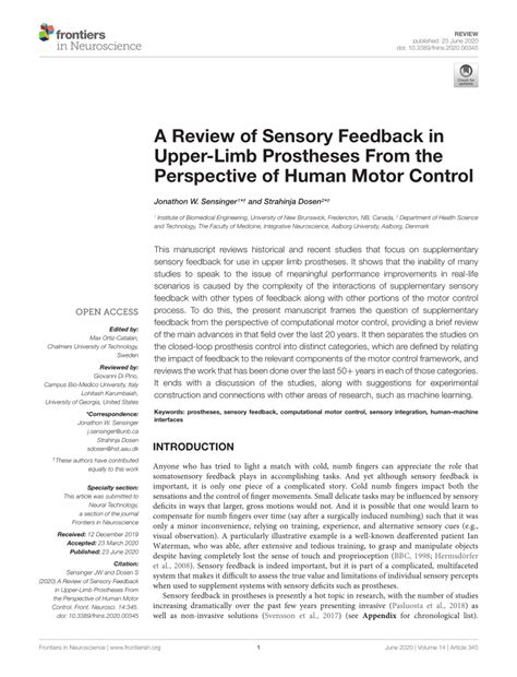 Pdf A Review Of Sensory Feedback In Upper Limb Prostheses From The Perspective Of Human Motor