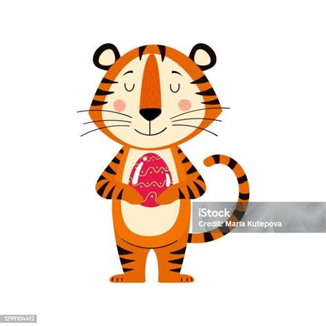 귀여운 만화 줄무늬 빨간 호랑이 호랑이가 부활절 달걀을 들고 있다 어린이 용 티셔츠 인사말 카드 포스터 인쇄 흰색으로 격리된 손으로 그린 벡터 스톡 일러스트레이션 부활절