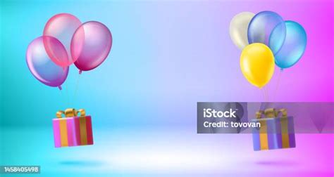 노란색과 파란색 공기 풍선이 있는 선물 상자 홀로그램 배경과 복사 공간이 있는 3d 벡터 배너 0명에 대한 스톡 벡터 아트 및 기타 이미지 Istock