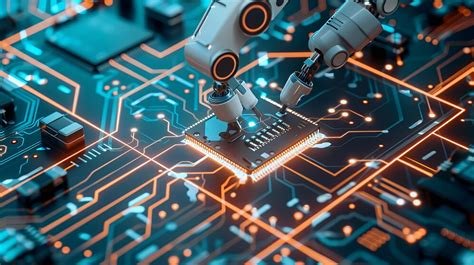 Robotic Arms Installing A Processor Chip On A Glowing Circuit Board Premium Ai Generated Image