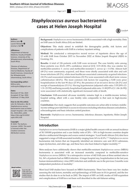 Pdf Staphylococcus Aureus Bacteraemia Cases At Helen Joseph Hospital