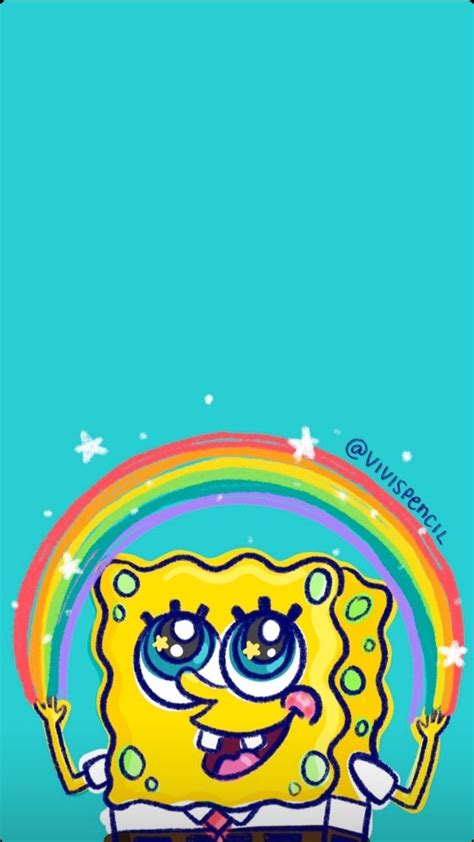 Spongebob Holding Up A Rainbow In Front Of A Blue Background