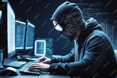 Premium Photo Side View Of Hacker Using Computers At Desk With Creative Digital Programming