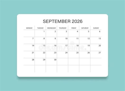 Calendario De Septiembre De 2026 En Estilo Plano Ilustración Vectorial