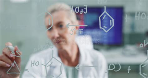 Formula Science And Writing On Glass In Laboratory With Woman