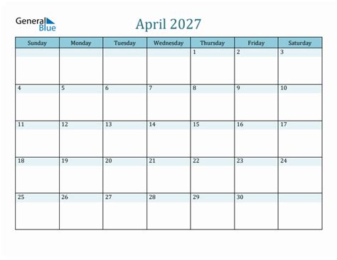 April 2027 Monthly Calendar Pdf Word Excel