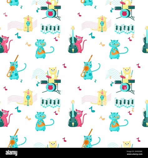 Vector Seamless Pattern With Cute Music Cats Stock Vector Image And Art