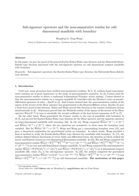 Pdf Sub Signature Operators And The Noncommutative Residue For Odd Dimensional Manifolds With
