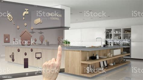 스마트 홈 제어 개념 모바일 응용 프로그램 배경 표시 전문 현대 나무로 되는 부엌 액세서리 건축 인테리어 디자인에서에서 디지털 인터페이스 제어 가정 주방에 대한 스톡 사진