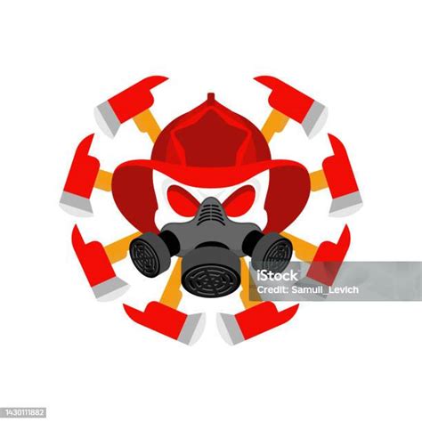 นักผจญเพลิงกะโหลกศีรษะในป้ายหมวกกันน็อค ขวานไฟและเปลวไฟ สัญลักษณ์หน่วยดับเพลิง สัญลักษณ