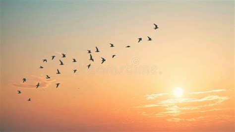 Bird Migration In V Formation Flight Against Autumn Sky During Seasonal
