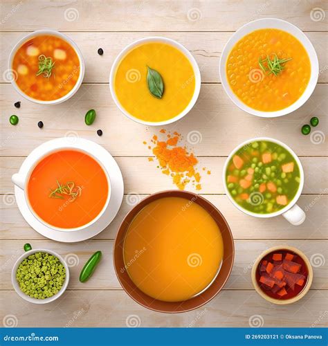 Various Types Of Soup In Bowls Culinary Collage With Dishes Soups And