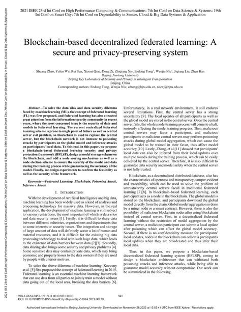PDF Blockchain Based Decentralized Federated Learning A Secure And Privacy Preserving System