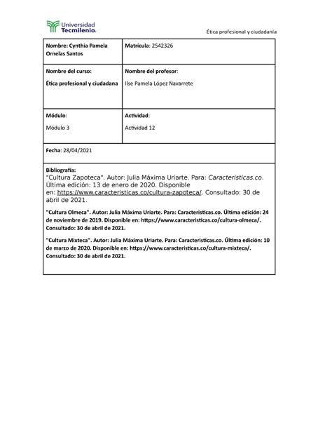 Actividad 12 Etica Profesional Y Ciudadana Tecmil Nombre Cynthia
