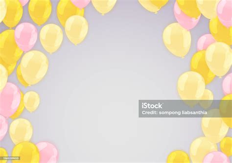 생일 초대 수평 인사말 초대 카드 또는 전단지 및 색종이와 풍선 금 축하 배경 벡터 3차원 형태에 대한 스톡 벡터 아트 및 기타 이미지 3차원 형태 금 금속 금색