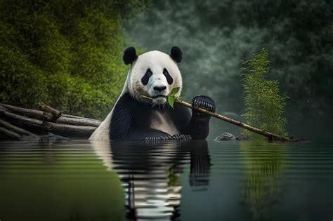 대나무의 싹을 먹는 팬더 희귀하고 멸종 위기에 처한 흑백 곰 신경망 Ai 생성 프리미엄 사진