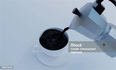 모카 냄비에서 흰 찻잔에 검은 커피를 붓습니다 흰색 배경에 흰색 세라믹 커피 머그잔과 접시3d 렌더링 갈색에 대한 스톡 사진 및 기타 이미지 Istock