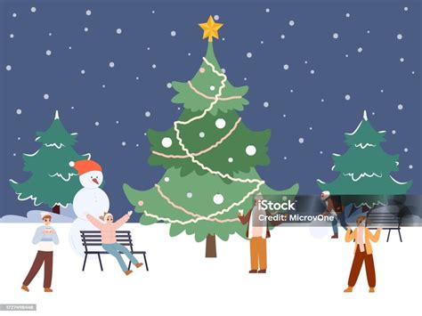 겨울 산책하는 사람들 크리스마스 트리에서 친구들을 만난다 도시 공원에서 크리스마스 또는 새해 야외 파티 행복한 만화 십대 벡터 일러스트레이션 12월에 대한 스톡 벡터 아트