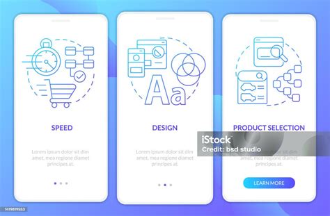 전자 상거래 고객 요구 사항 파란색 그라데이션 온보딩 모바일 앱 화면 Brand Name Smart Phone에 대한 스톡 벡터 아트 및 기타 이미지 Brand Name
