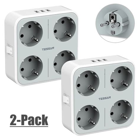 Tessan 2 팩 Usb 벽면 소켓 Onoff 스위치 4 Ac 콘센트 3 Usb 포트 Eu 다중 소켓 전원 스트립 가정용 및