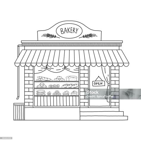 과자 가게 외관 디저트와 빵 제과 카페 건물 마케팅 또는 소매를 위한 그래픽 창문이 있는 슈퍼마켓의 전면 보기 선화 벡터 흑백 스케치 상점에 대한 스톡 벡터 아트 및 기타