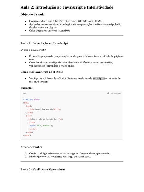2 aula 2 introdução ao javascript e interatividade pdf script java rede mundial de