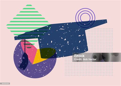 화려한 기하학적 모양의 졸업 모자 트렌디한 리소 그래프 디자인의 교육 개념 기하학 요소 추상 리소그래프 인쇄 질감 스타일 합성 이미지에 대한 스톡 벡터 아트 및 기타 이미지