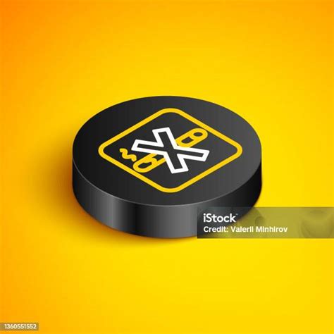 노란색 배경에 격리 된 등색 줄 금연 아이콘 담배 기호 검은 색 원 버튼 벡터 3차원 형태에 대한 스톡 벡터 아트 및 기타 이미지 3차원 형태 건강에 좋지 않은 음식