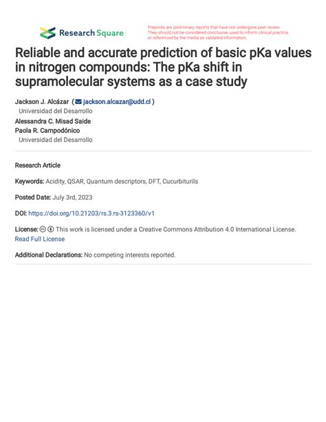 PDF Reliable And Accurate Prediction Of Basic PKa Values In Nitrogen Compounds The PKa Shift