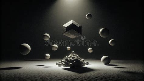Floating Cube And Spheres In A Dark Room With Spotlights Stock Illustration Illustration Of