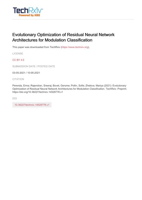Pdf Evolutionary Optimization Of Residual Neural Network