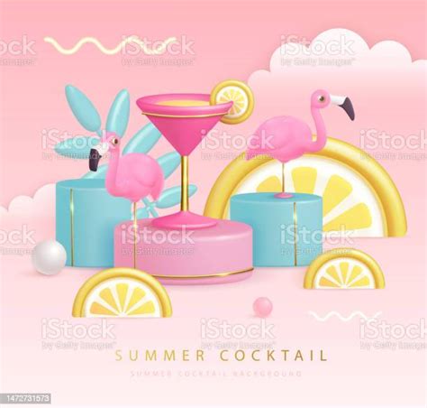 3d 플라스틱 칵테일 열대 과일 및 플라밍고가있는 여름 칵테일 파티 포스터 여름 배경입니다 벡터 그림 0명에 대한 스톡 벡터 아트 및 기타 이미지 Istock