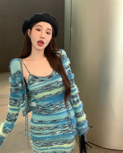 린다걸 코디세트스트라이프 가디건서스펜더 니트 롱원피스 투피스 세트 데이트룩 여친룩 셋업세트룩 출근룩