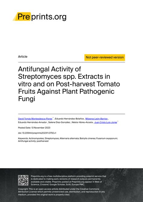 Pdf Antifungal Activity Of Streptomyces Spp Extracts In Vitro And On Post Harvest Tomato