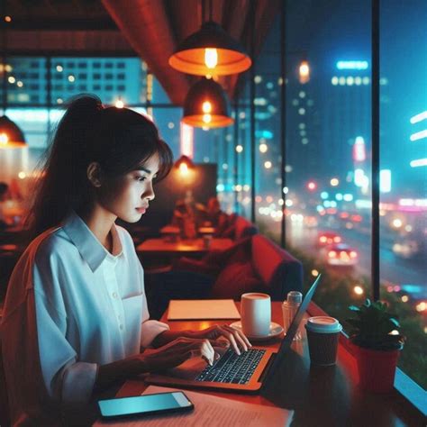 Coding In A Coffee Shop At Night Premium Ai Generated Image