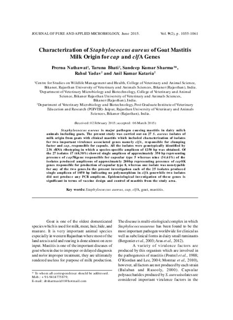 Pdf Characterization Of Staphylococcus Aureus Of Goat Mastitis Milk Origin For Cap And Clfa Genes