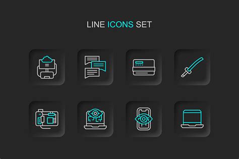 라인 노트북 컴퓨터 비전 마더 보드 Katana 신용 카드 말풍선 채팅 및 클라우드 데이터베이스 아이콘을 설정합니다 벡터 Brand Name Online Messaging