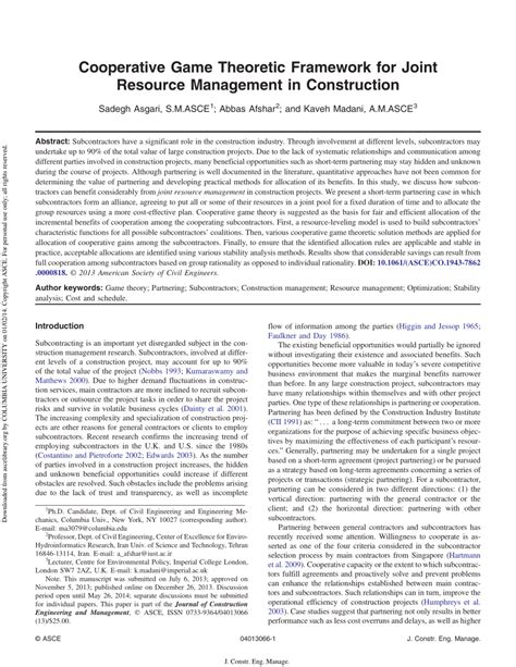 Pdf Cooperative Game Theoretic Framework For Joint Resource Management In Construction
