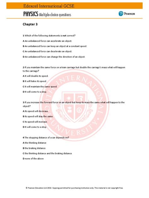 Igcse Physics Mcq 3 Forces And Movement Pdf Force Mass