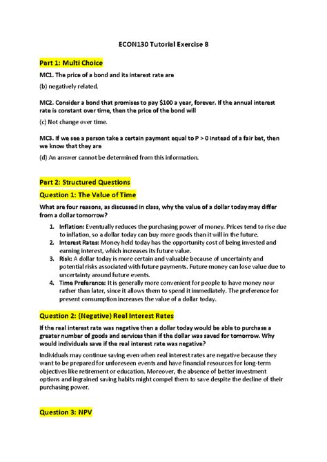 ECON Tutorial Exercise ECON Tutorial Exercise Part Multi Choice MC The