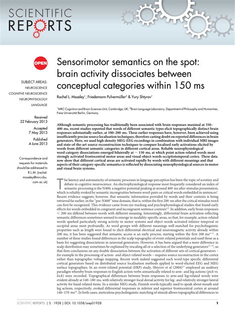 Pdf Sensorimotor Semantics On The Spot Brain Activity Dissociates Between Conceptual
