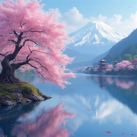 Japanese Sakura Tree In Serene Landscape Ai Art