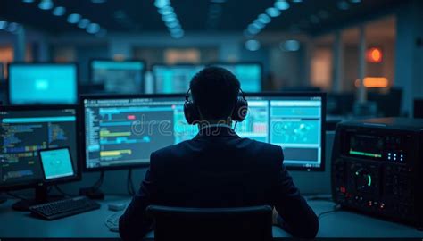 Systems Operator In Navy Blazer Monitoring Security Protocols In Command Center Stock