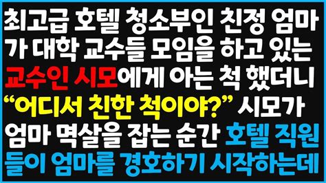 신청사연 최고급 호텔 청소부인 친정 엄마가 대학 교수들 모임을 하고 있는 교수인 시모에게 아는 척 했더니 어디서 친한 척이야 시모가~ 신청사연 사이다썰 사연