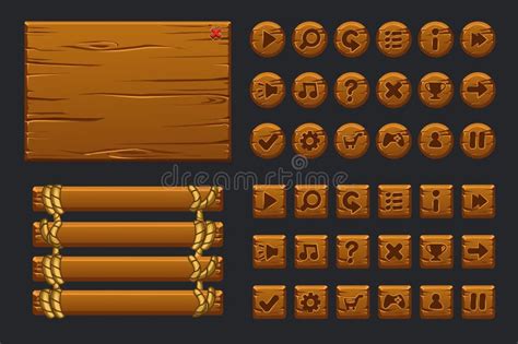 Vector Game Ui Big Kit Template Wooden Menu Of Graphical User Interface Gui And Buttons To